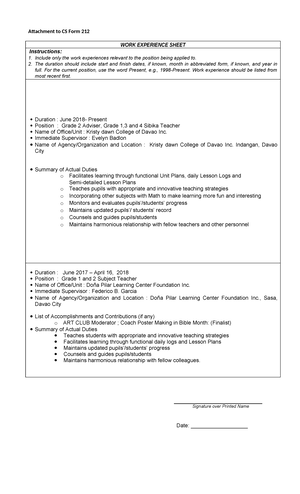 CS Form No. 212 (Work Experience Sheet) - Attached to CS Form No. WORK ...