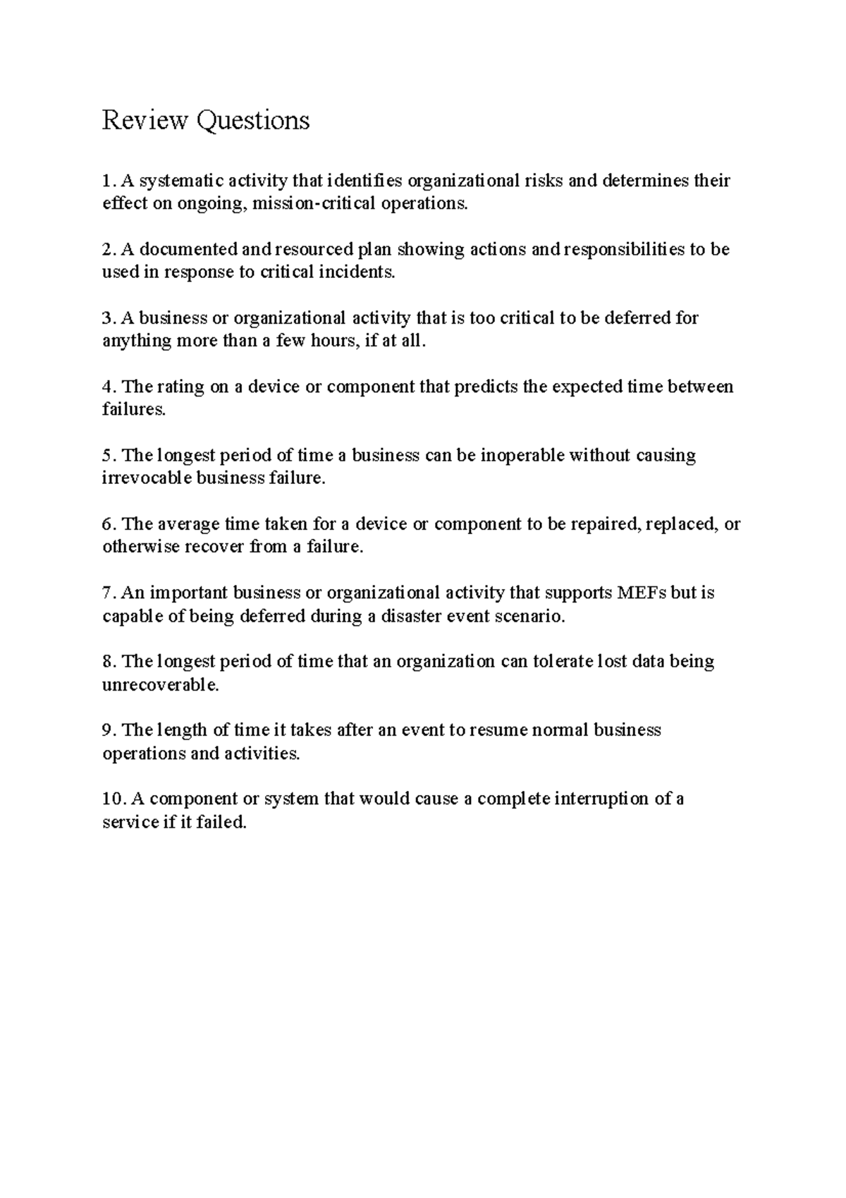 Business Impact Analysis Concepts Review Questions - Review Questions A ...