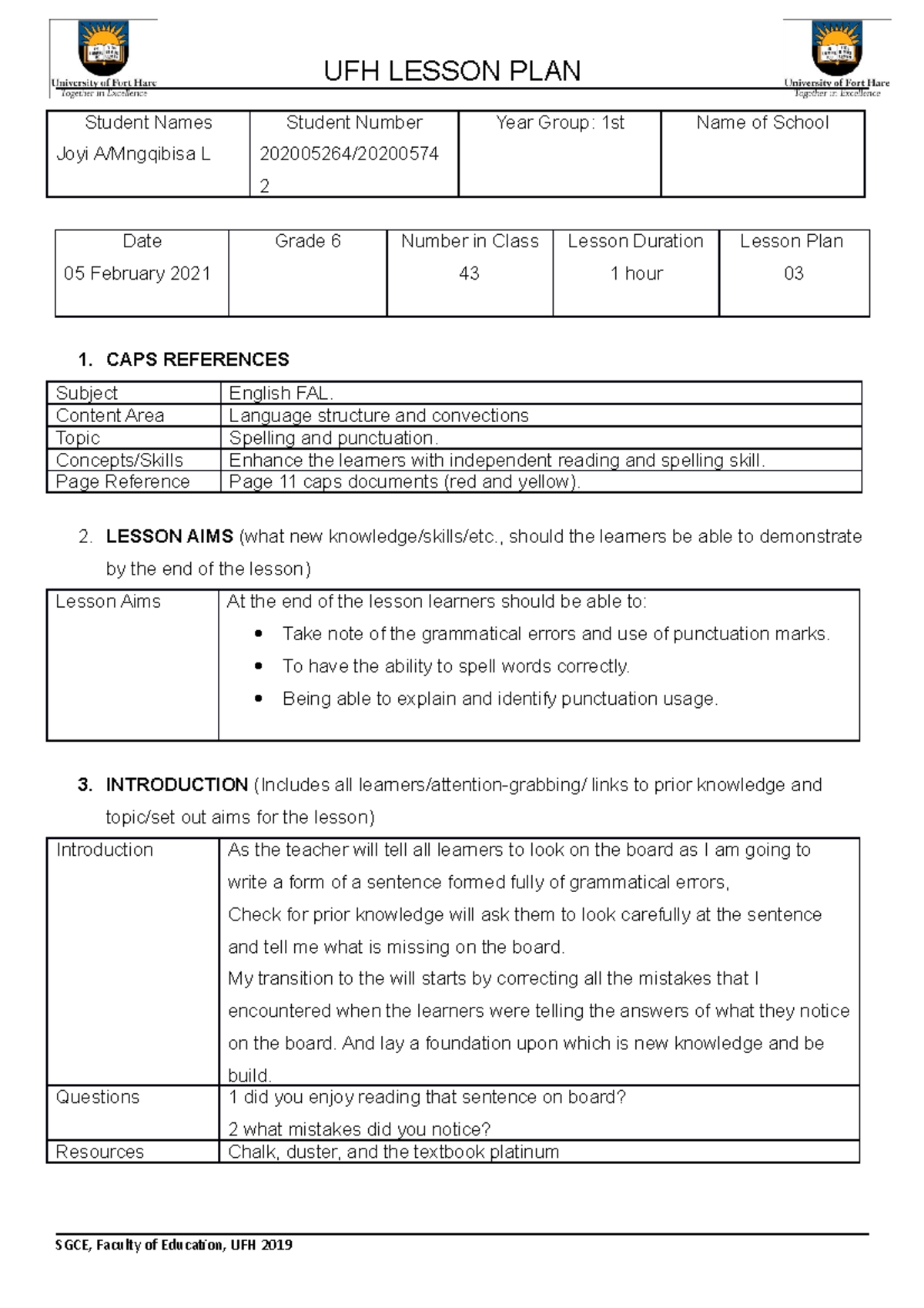Lesson PLAN - Student Names Joyi A/Mngqibisa L Student Number 202005264 ...