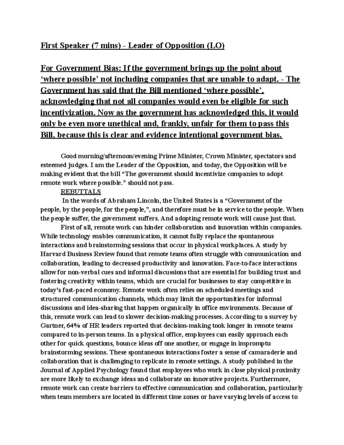 2 Opposition Speeches - First Speaker (7 mins) - Leader of Opposition ...