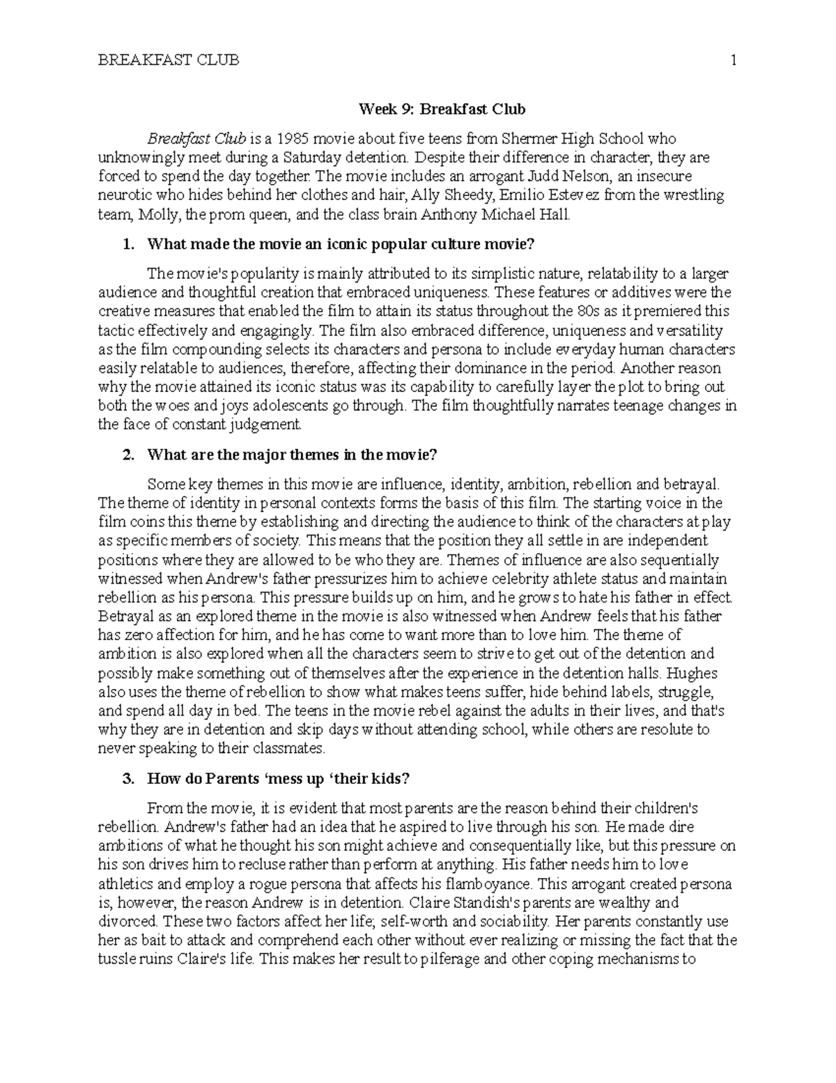 Breakfast Club - All are assignments - BREAKFAST CLUB 1 Week 9 ...