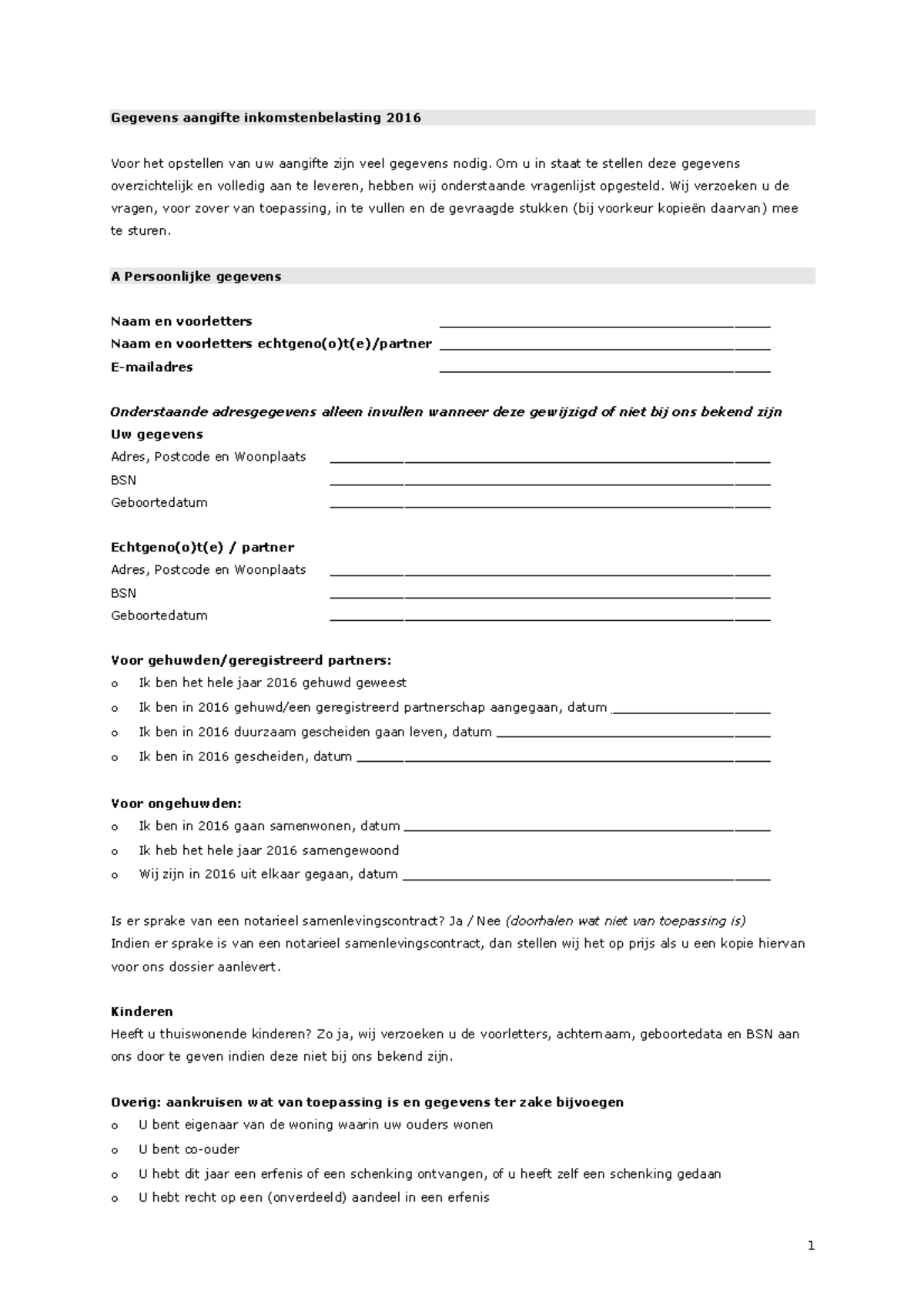 Checklijst IB 2016 Uitgebreid - Gegevens aangifte inkomstenbelasting ...