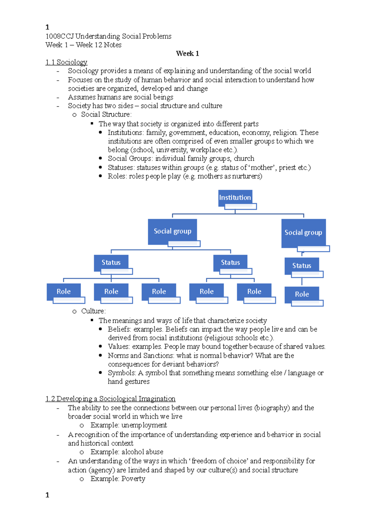 Lecture Notes Week 1 - 12 Notes - 1008CCJ Understanding Social Problems ...