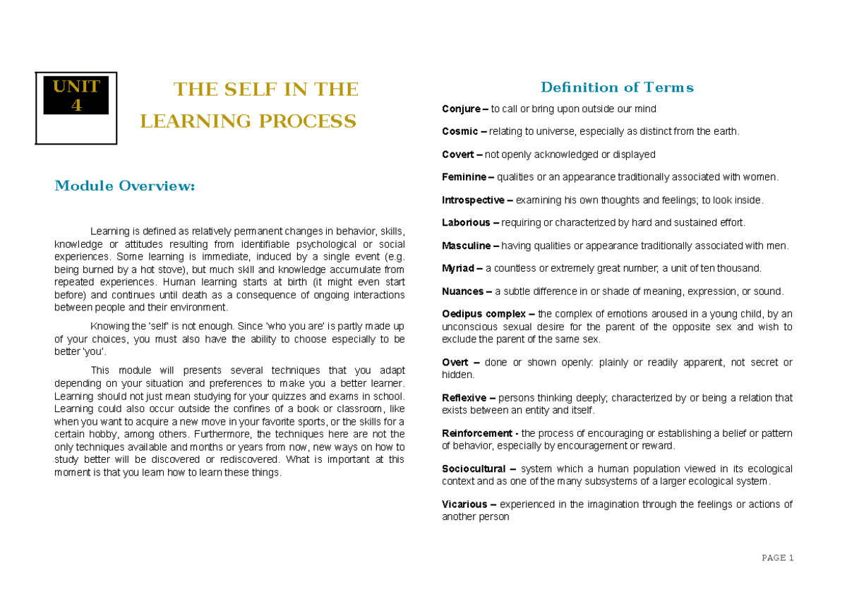 UTS- Module UNIT-4 - Summary BS Nursing - THE SELF IN THE LEARNING PROCESS Module Overview ...