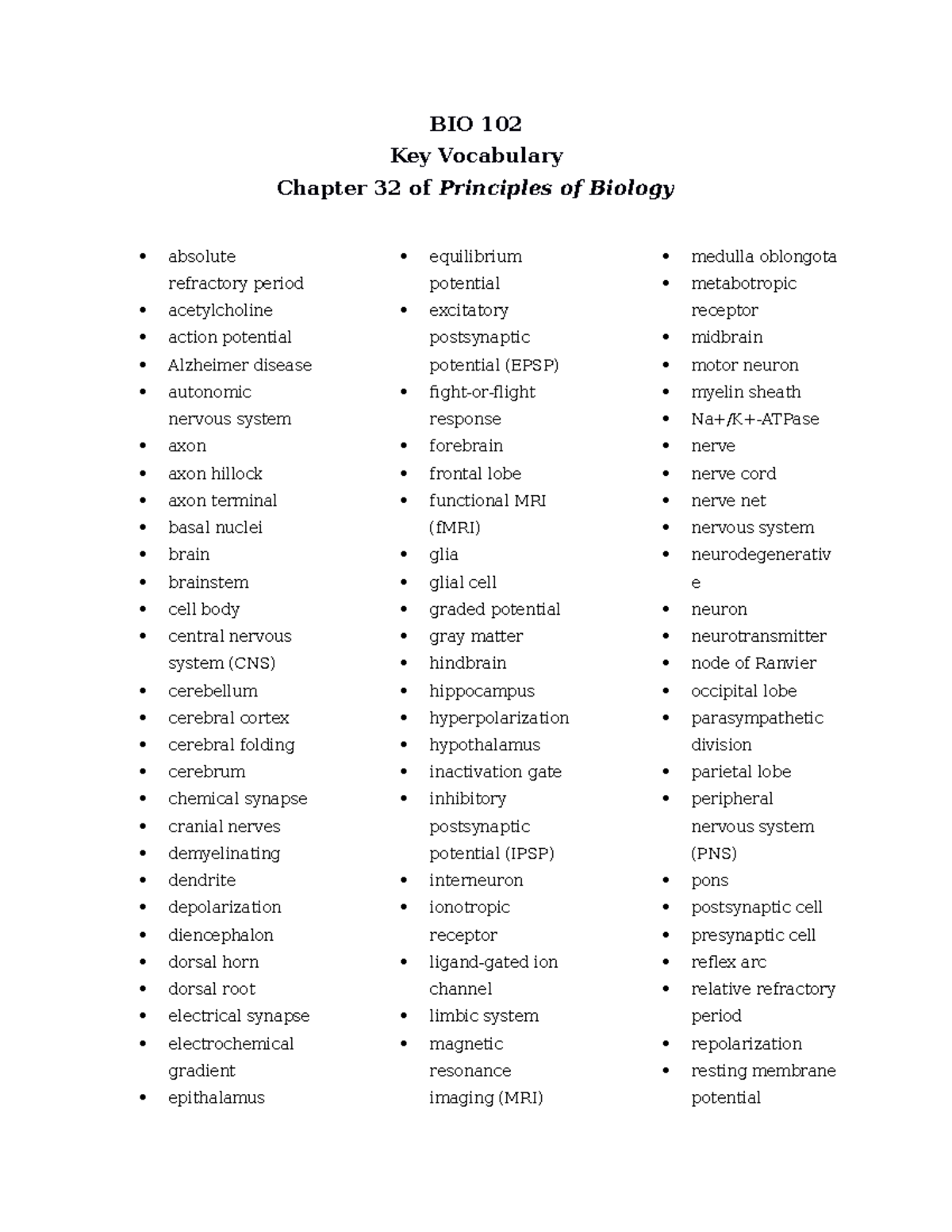 BIO+Vocabulary+-+Chapter+32%281%29 - BIO 102 Key Vocabulary Chapter 32 ...