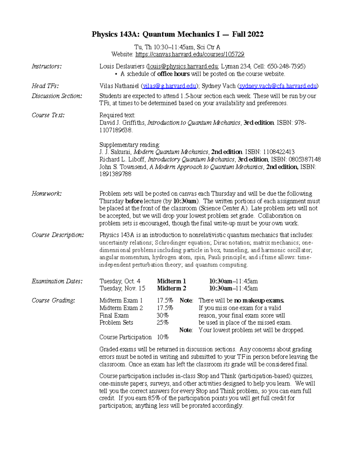 The syllabus for topics - Physics 14 3 A: Quantum Mechanics I — Fall ...
