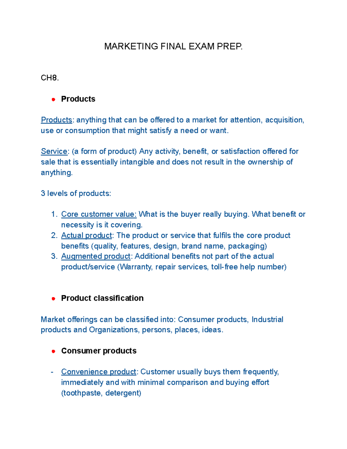 Marketing Final EXAM PREP - MARKETING FINAL EXAM PREP. CH8. Products ...