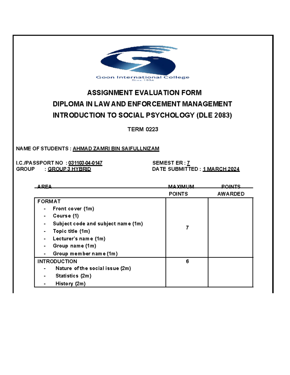 Assignment Group DLE 2083 report - ASSIGNMENT EVALUATION FORM DIPLOMA ...