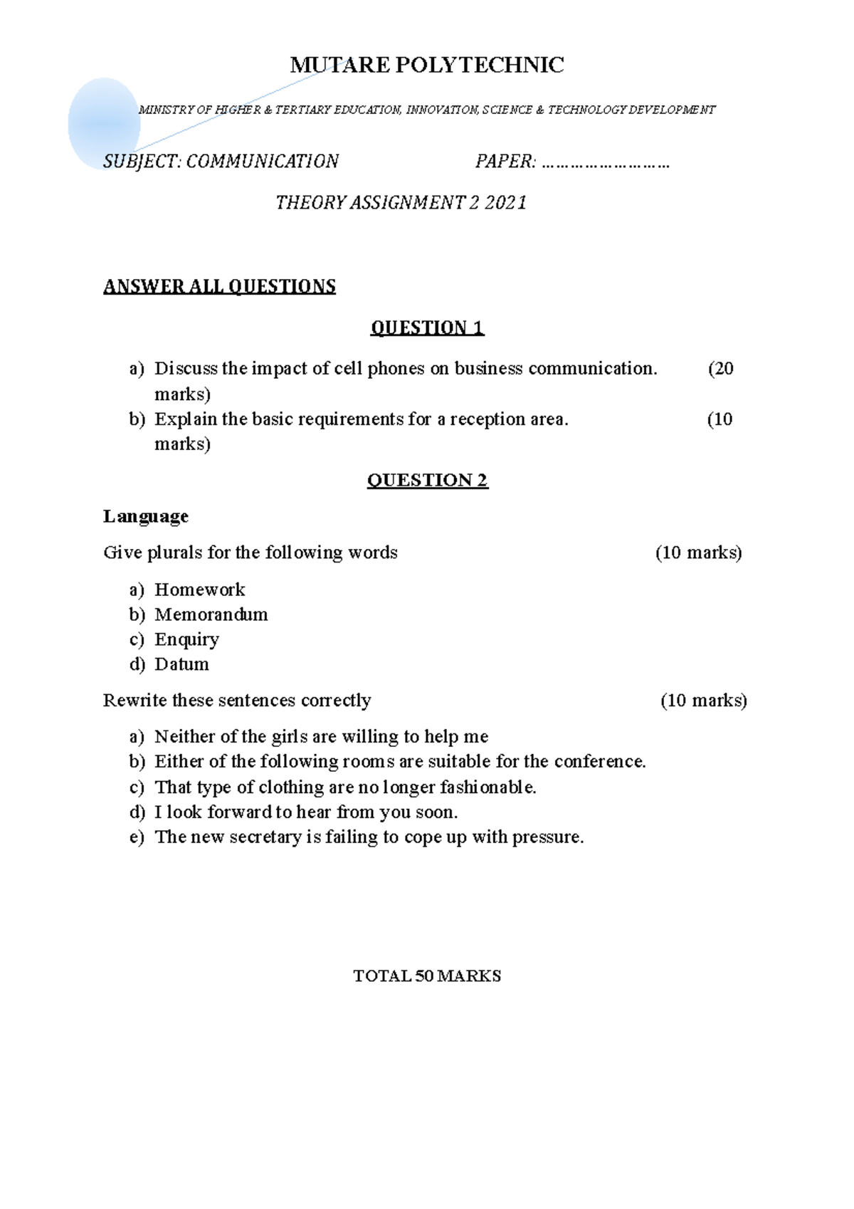 2021 Draft 1 Communication Theory Assignment 2 - MUTARE POLYTECHNIC ...