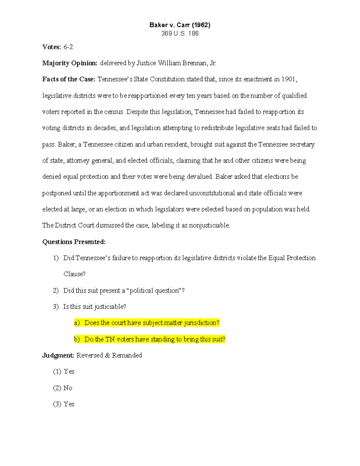 Baker v. Carr Brief - 369 U. 186 Votes: 6- Majority Opinion: delivered ...