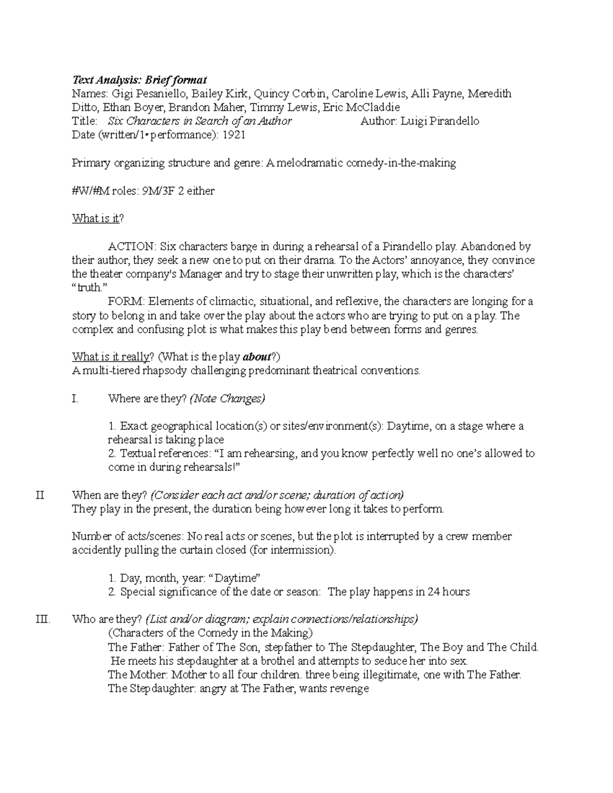Six Characters Analysis Brief - Text Analysis: Brief format Names: Gigi ...