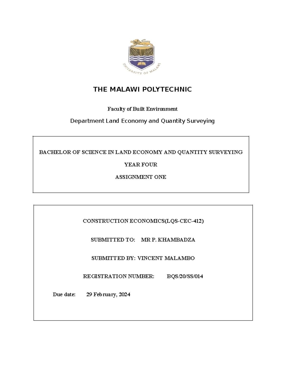 PPP Report Appraisal-1 - THE MALAWI POLYTECHNIC Faculty of Built ...
