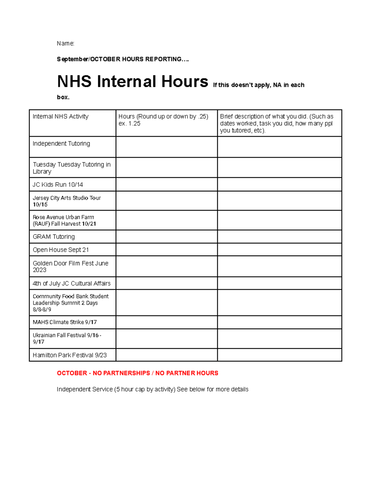 Copy SEP Summer & OCT Comms 24 - Name: September/OCTOBER HOURS ...
