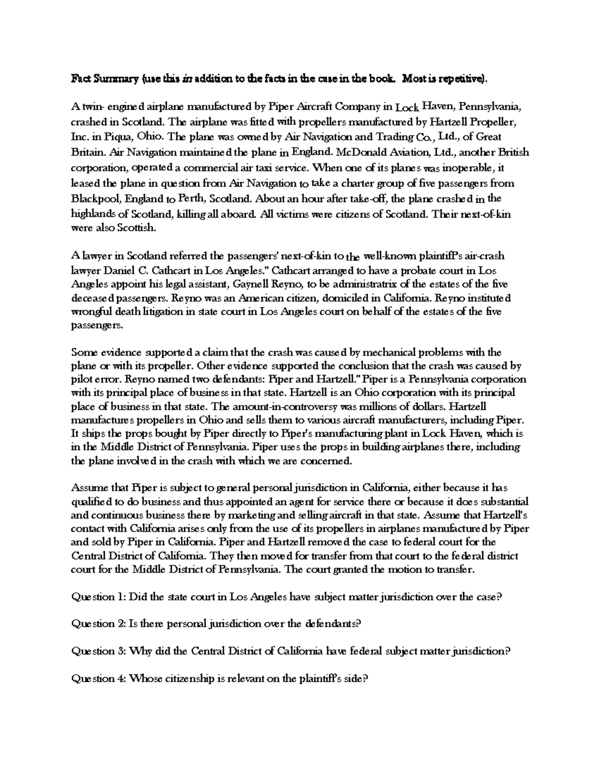 Subject Matter review questions - Fact Summary (use this in addition to ...