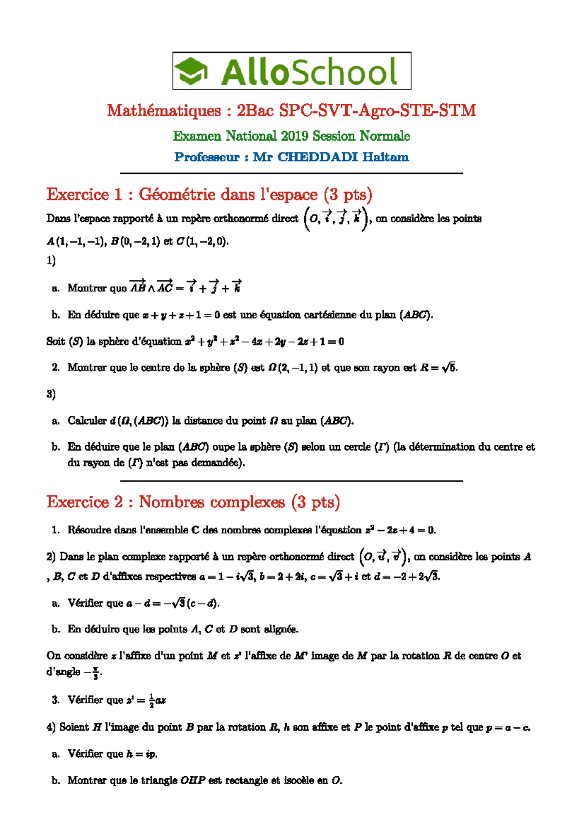 Math 2bac spc svt ste stm examen national 2019 session normale 4 ...