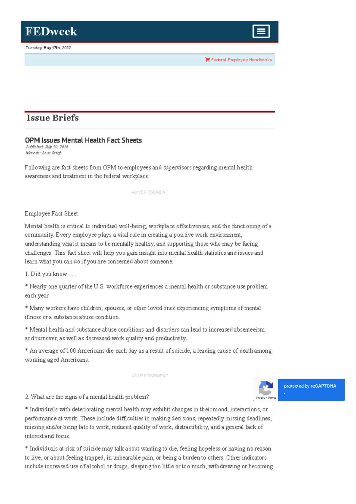 Mental Health issue in OPM - FEDweek Tuesday, May 17th, Federal ...