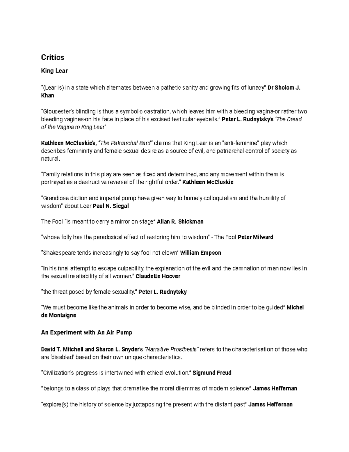 Pride and Prejudice - Critics King Lear “(Lear is) in a state which ...