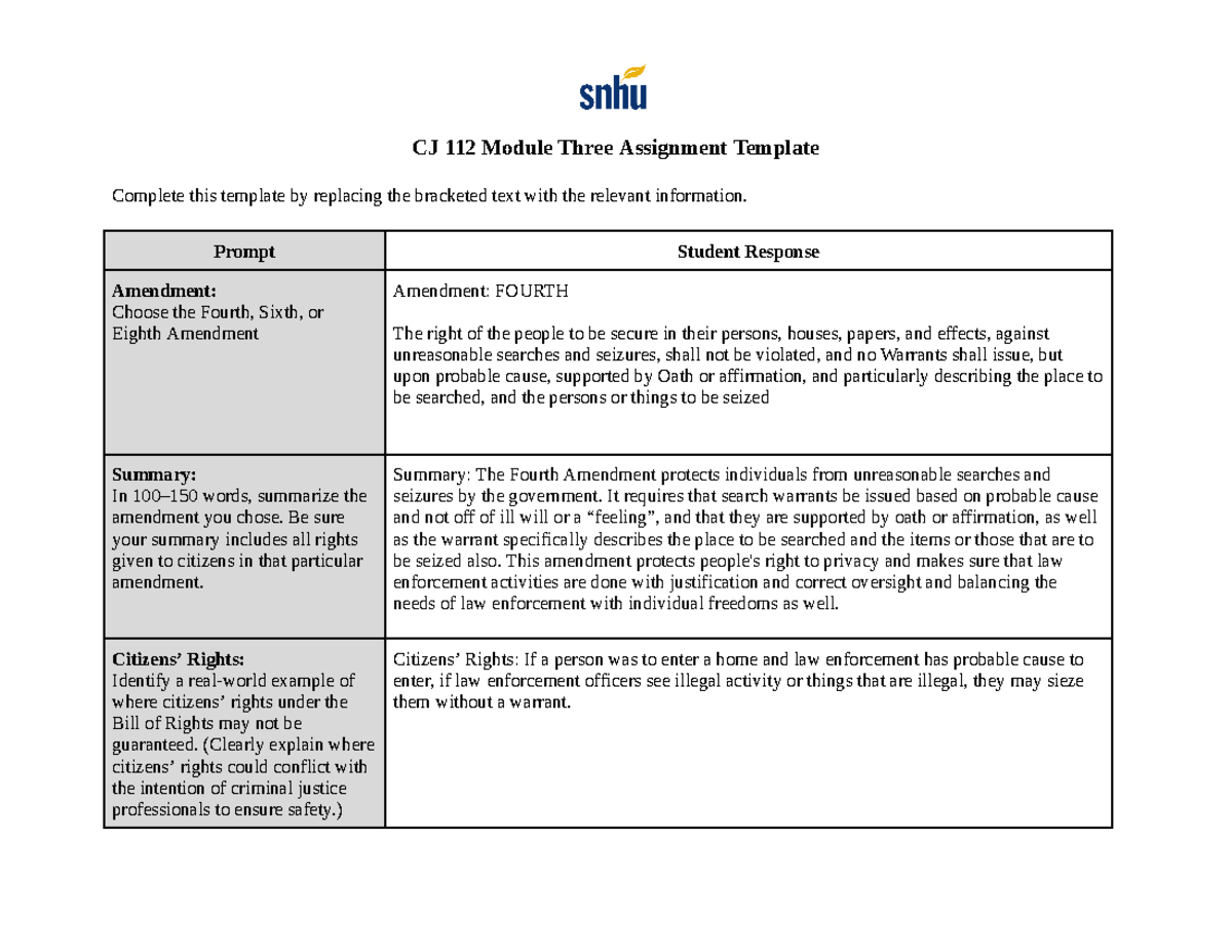 CJ 112 Module Three Assignment - Prompt Student Response Amendment: Choose the Fourth, Sixth, or ...