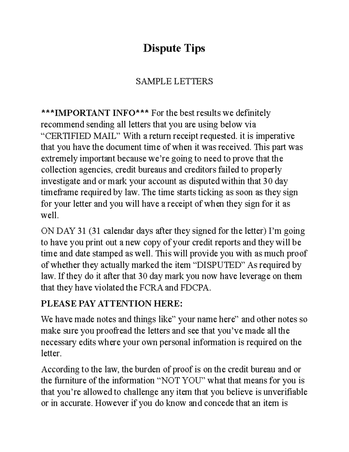 Dispute Tips and Strategies - Dispute Tips SAMPLE LETTERS IMPORTANT ...