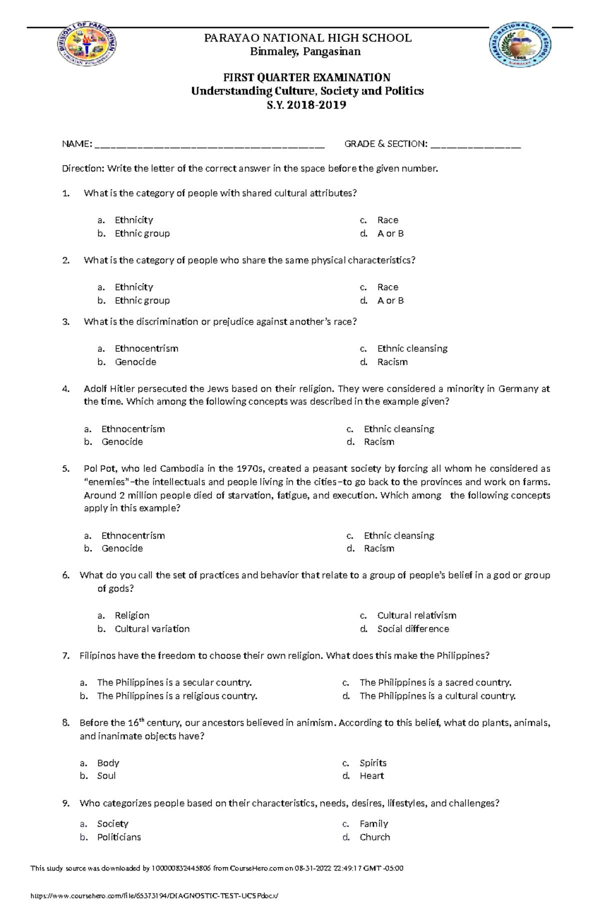 Diagnostic TEST UCSP - Realizing that you've come this far is enough to ...