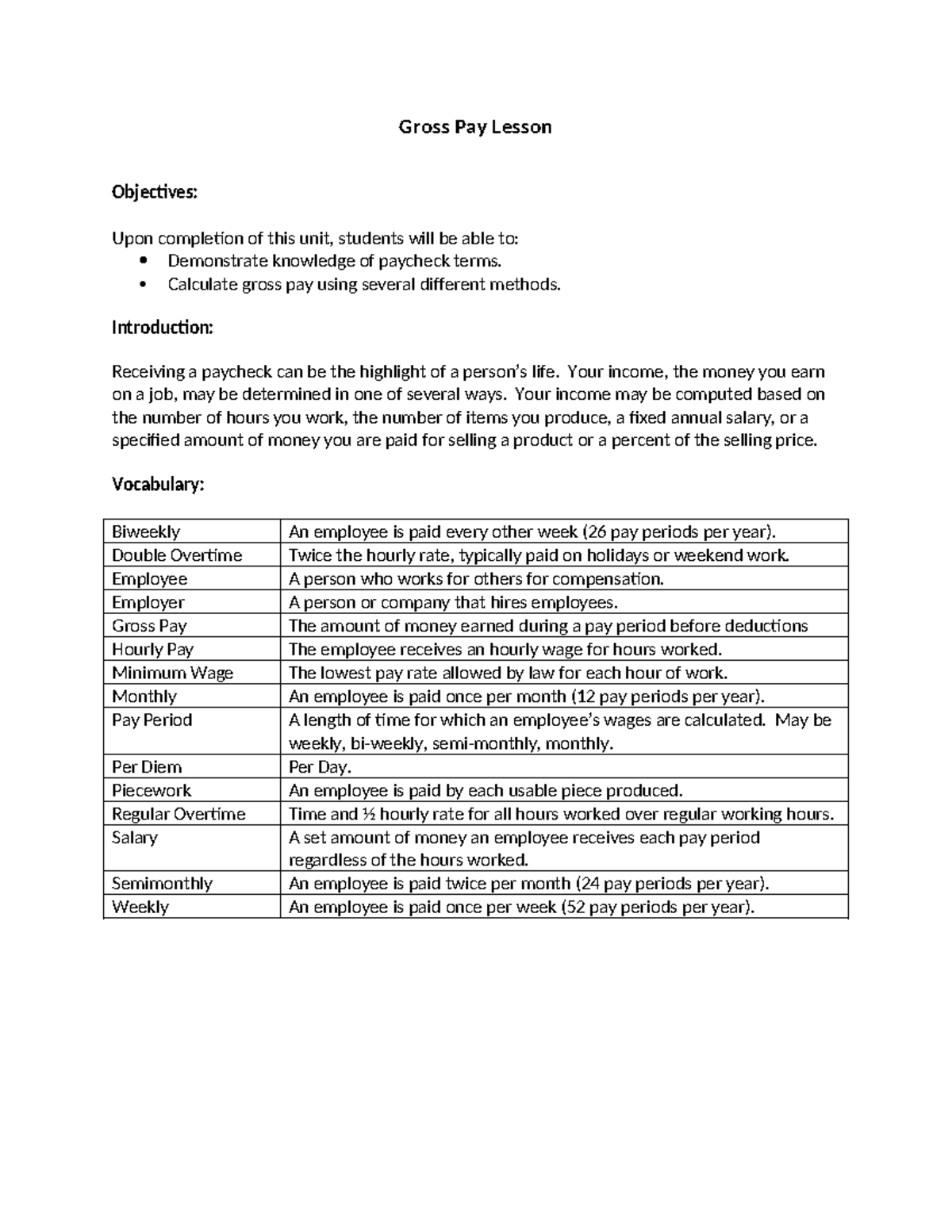 8A-Gross Pay Lesson - Gross Pay Lesson Objectives: Upon completion of ...