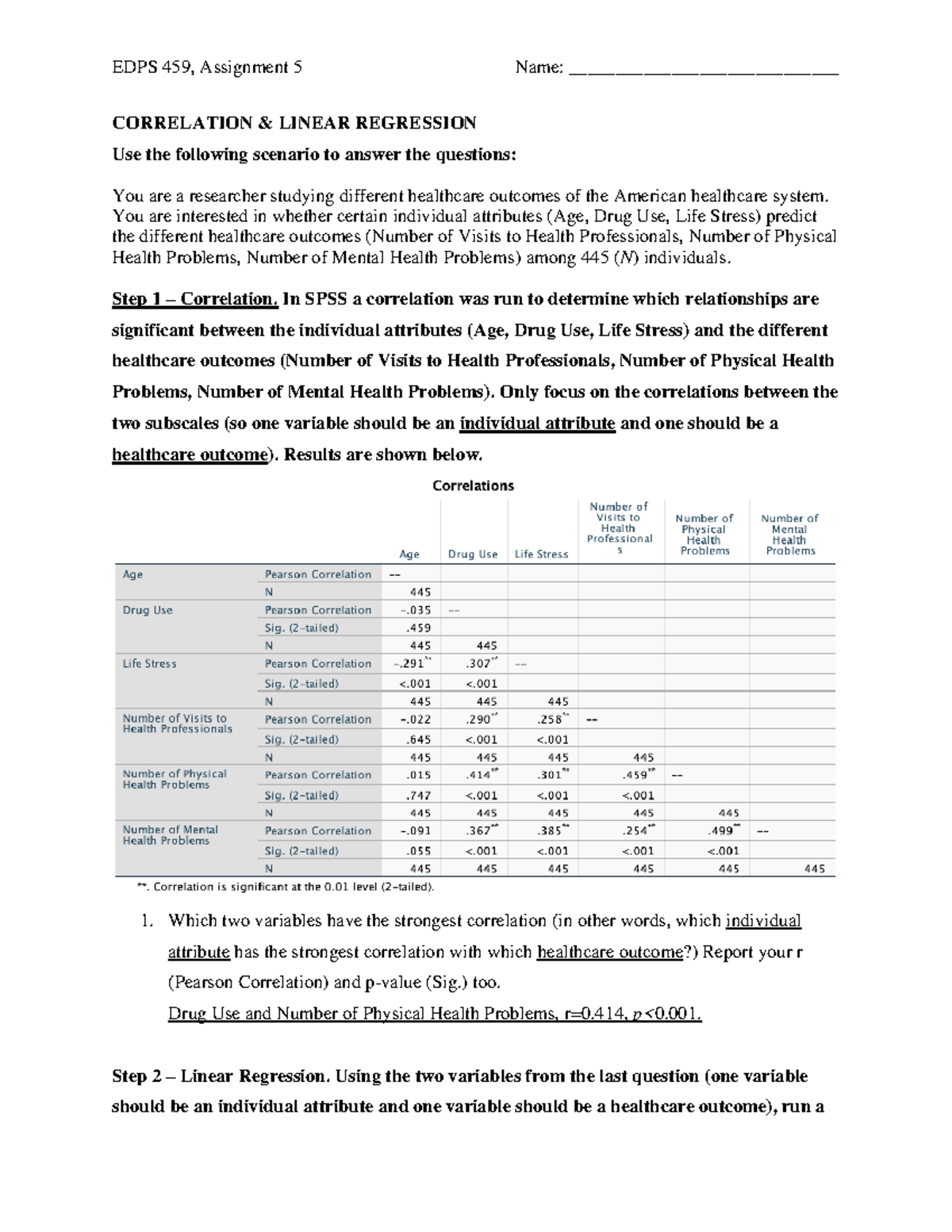 Assignment 5 - Regression - EDPS 459, Assignment 5 Name ...