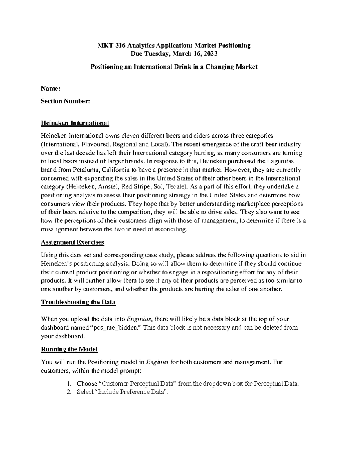 Market Positioning Assignment - MKT 316 Analytics Application: Market ...