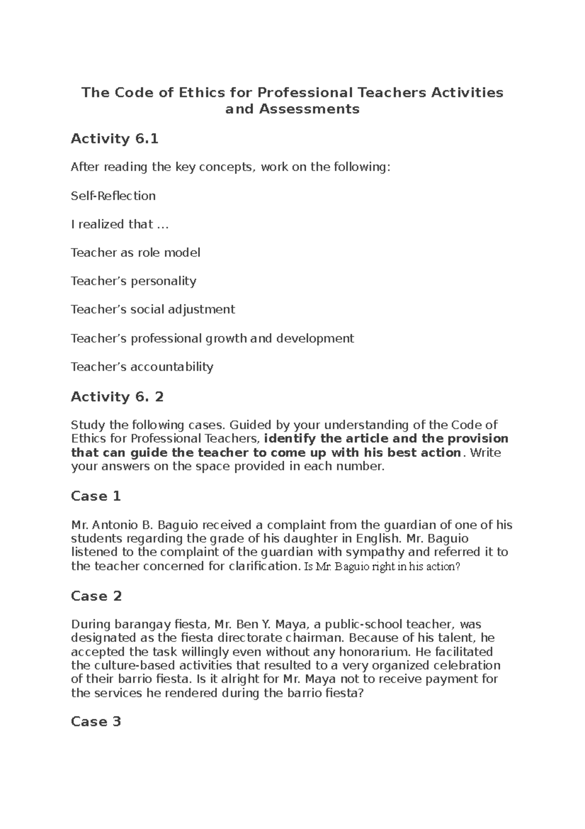 The Code of Ethics for Professional Teachers Activities and Assessments ...