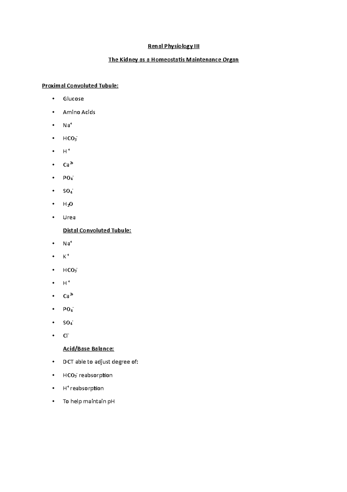 Renal Physiology III - notes from lecture III - Renal Physiology III ...