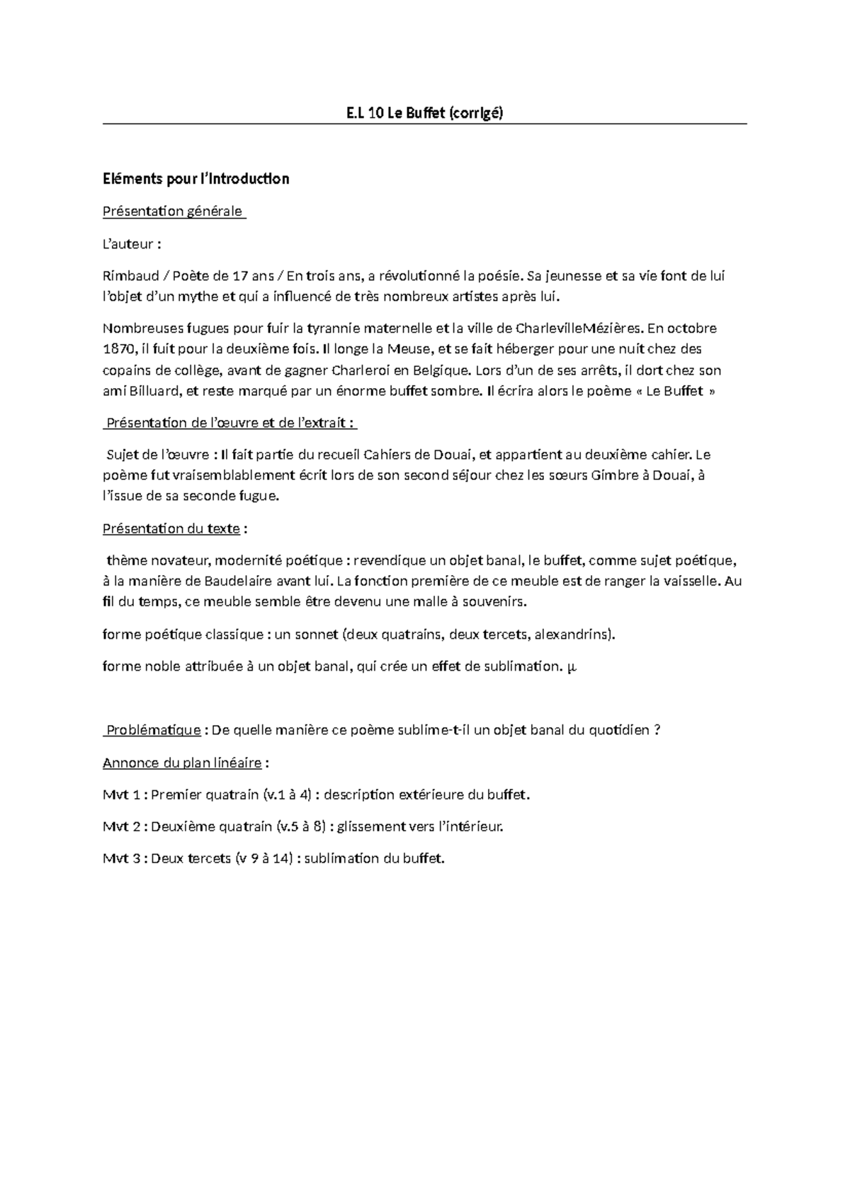 El-10-le-buffet Arthur Rimbaud - E 10 Le Buffet (corrigé) Eléments pour ...