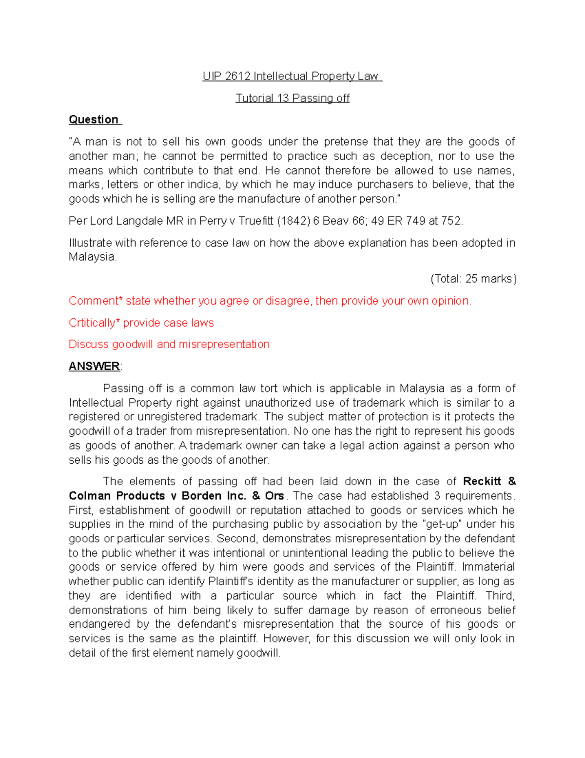 Tutorial 13 Intellectual Property Law Answer - UIP 2612 Intellectual ...