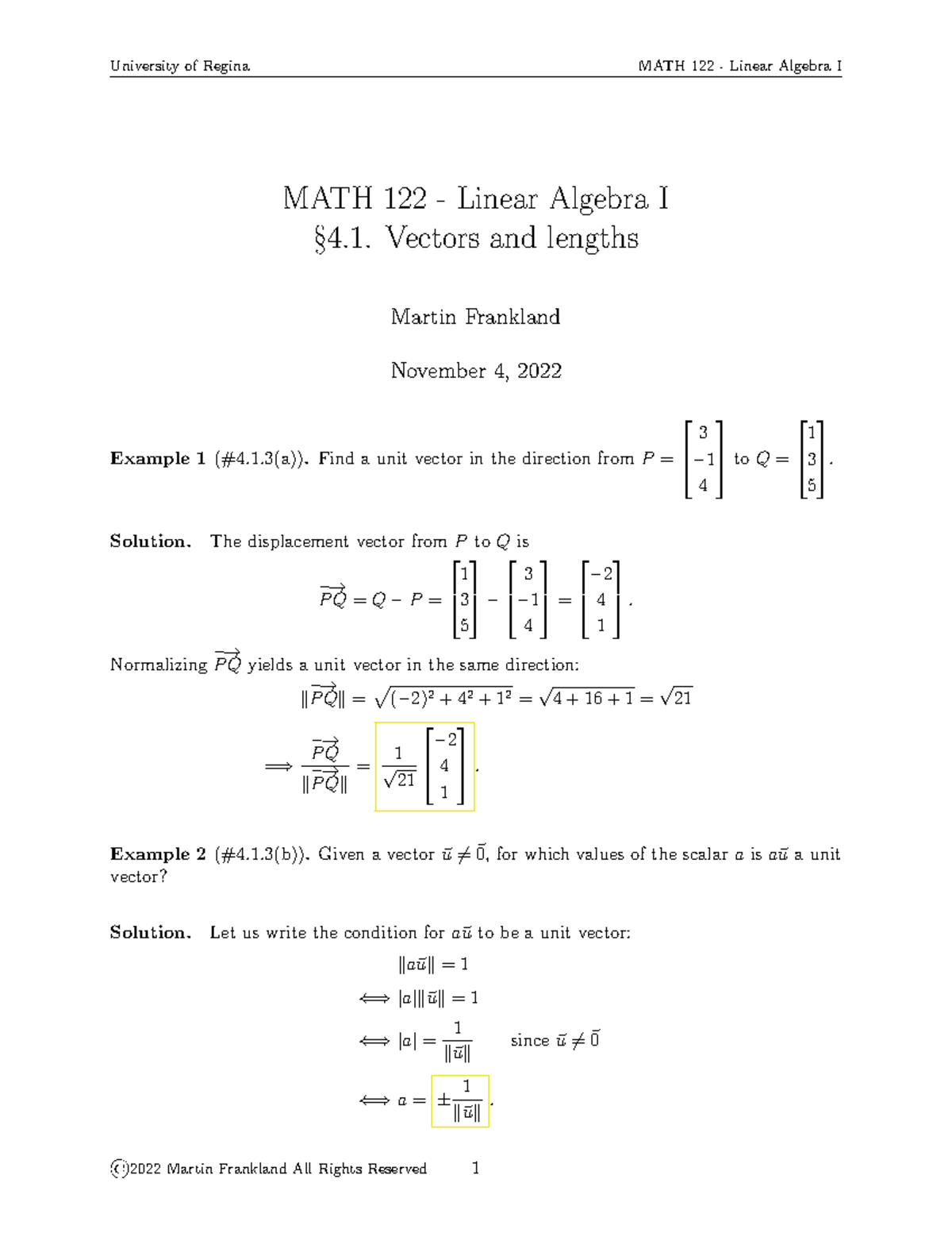 Math122 4-1 Vectors - MATH 122 - Linear Algebra I 4. Vectors and lengths Martin Frankland ...