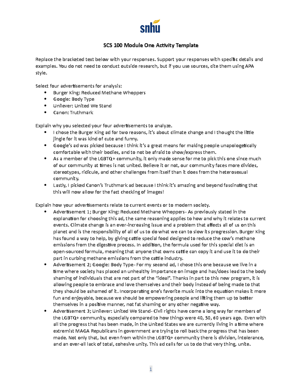 SCS 100 Module One Activity - Support your responses with specific ...
