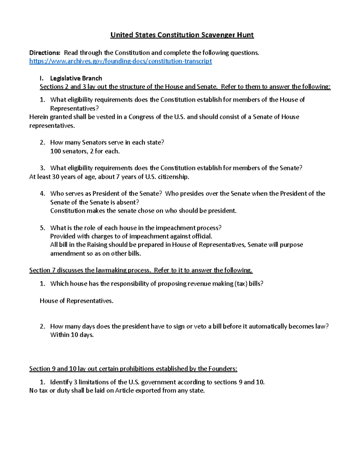 Constitution Scavenger Hunt 1-1 - United States Constitution Scavenger ...