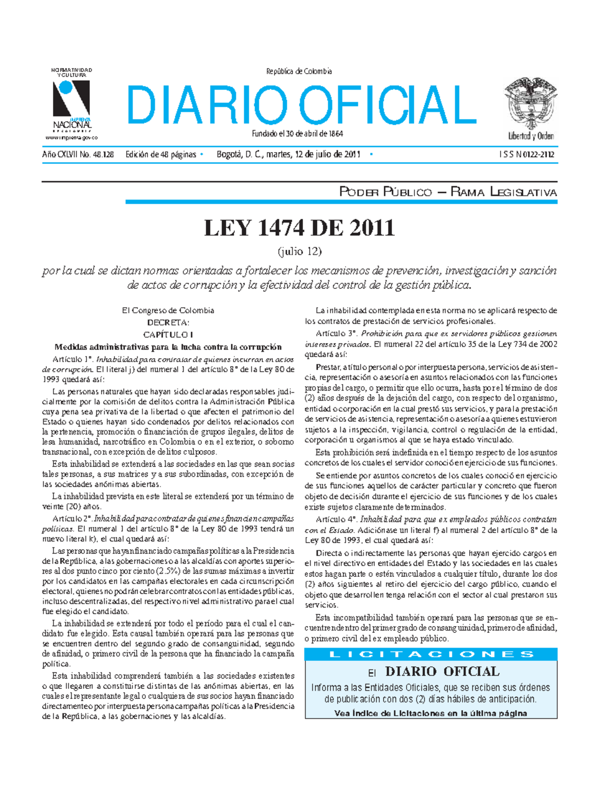 Ley 1474 de 2011 - Ley 1474 de 2011 - DIARIO OFICIAL Fundado el 30 de ...