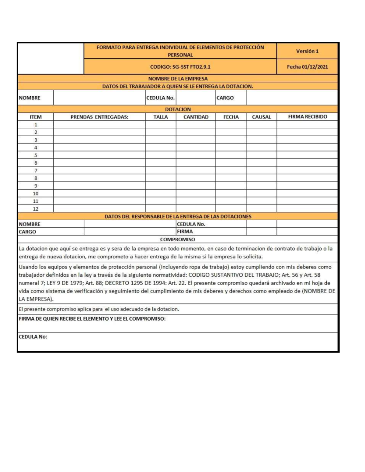 Formato entrega de dotación y epp - Sistema de gestión de la seguridad ...