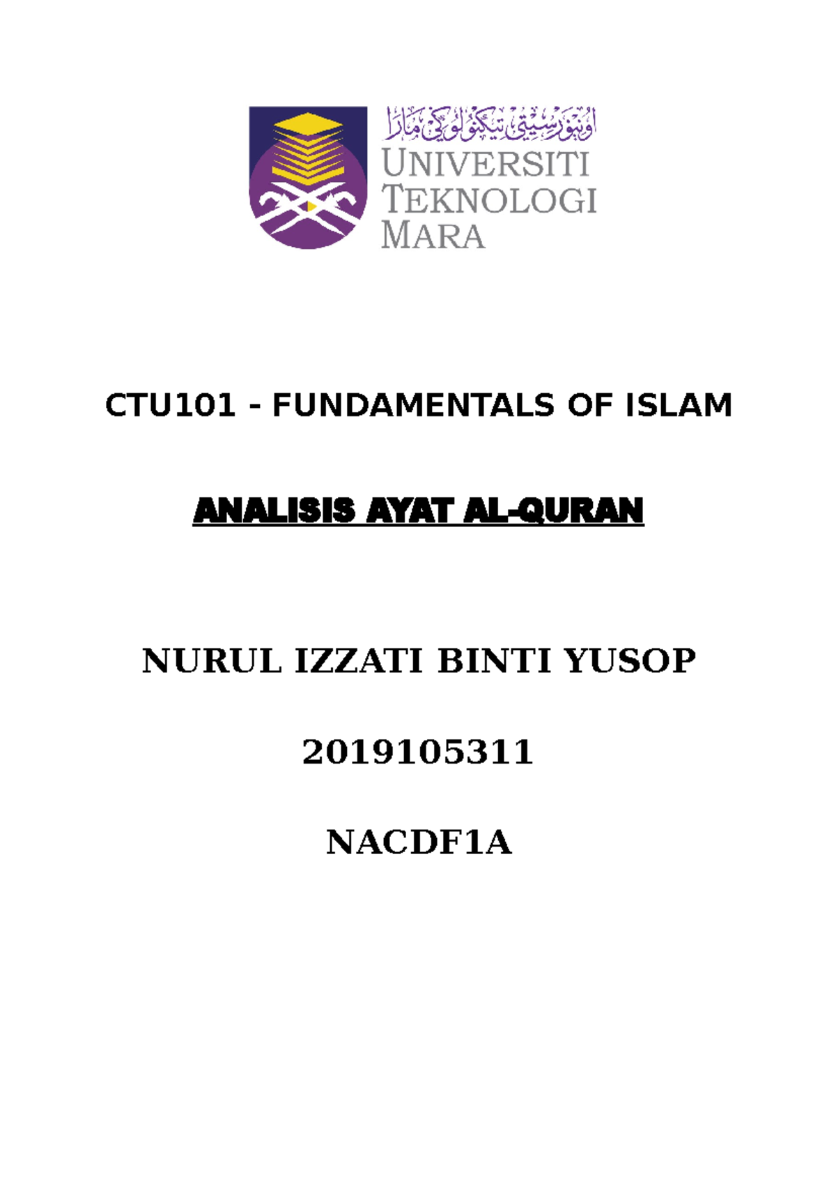 Analisis ayat untuk membangun - CTU101 - FUNDAMENTALS OF ISLAM ANALISIS ...