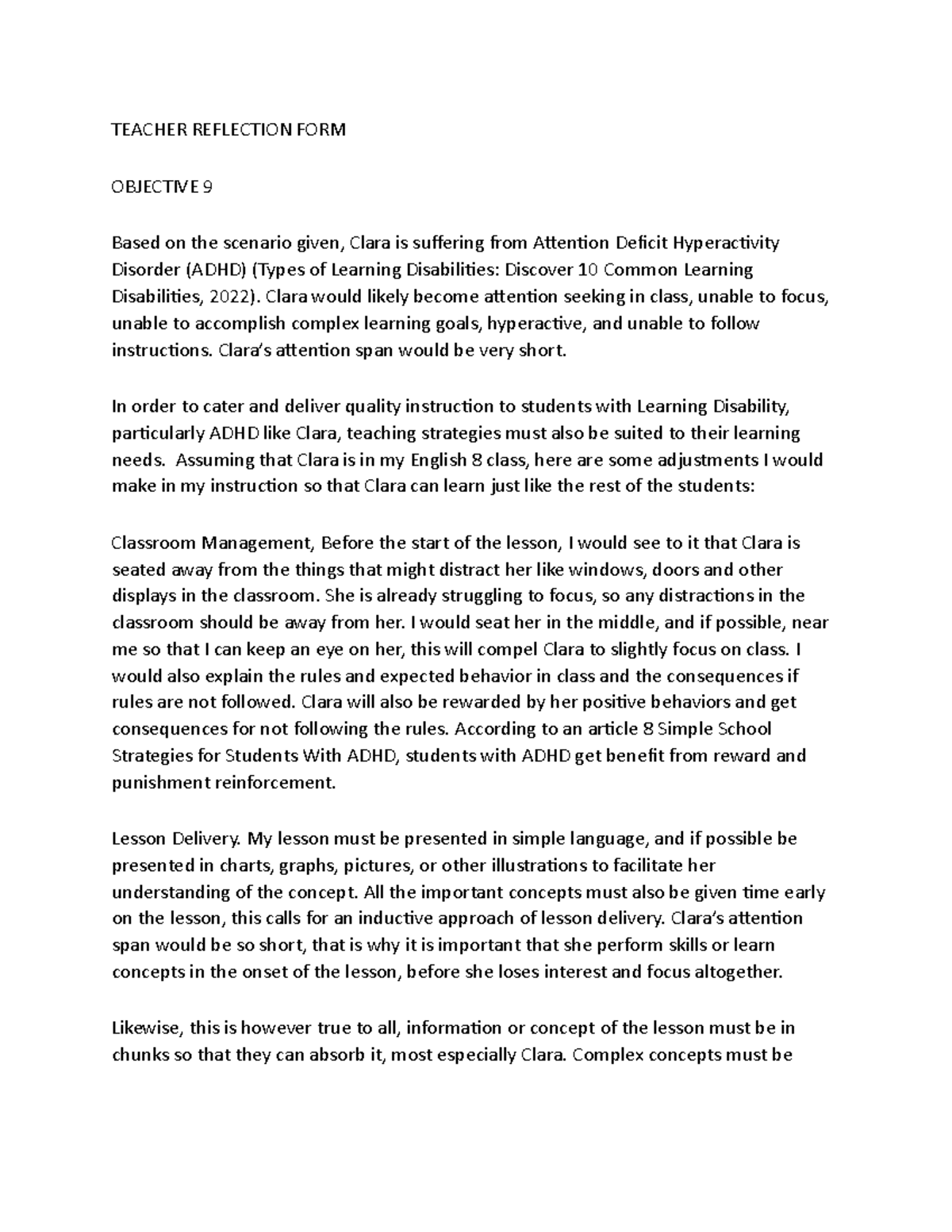 Teachers reflection - TEACHER REFLECTION FORM OBJECTIVE 9 Based on the ...