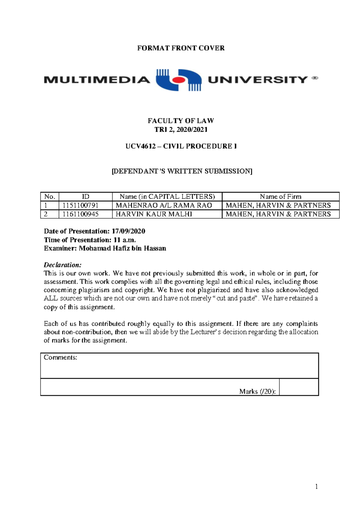 Week 14 Written submission Mahen, Harvin & Partners - FORMAT FRONT ...