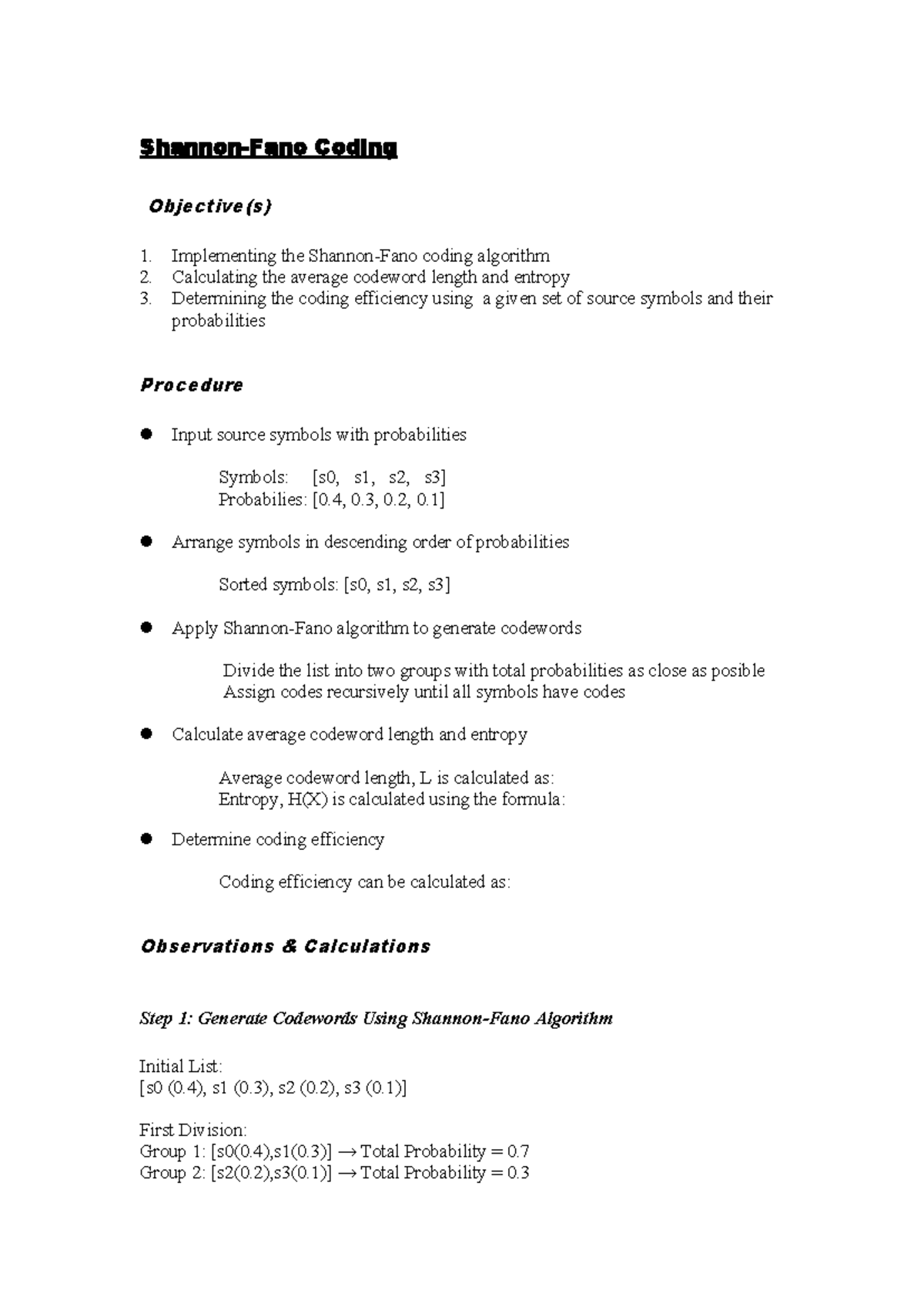 Shannon - Shannon-Fano Coding Objective(s) Implementing the Shannon ...
