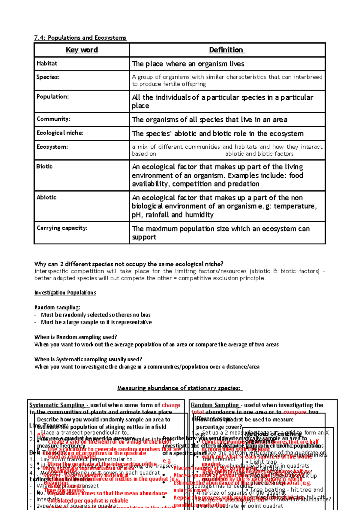 Biology notes - 7: Populations and Ecosystems Key word Definition ...