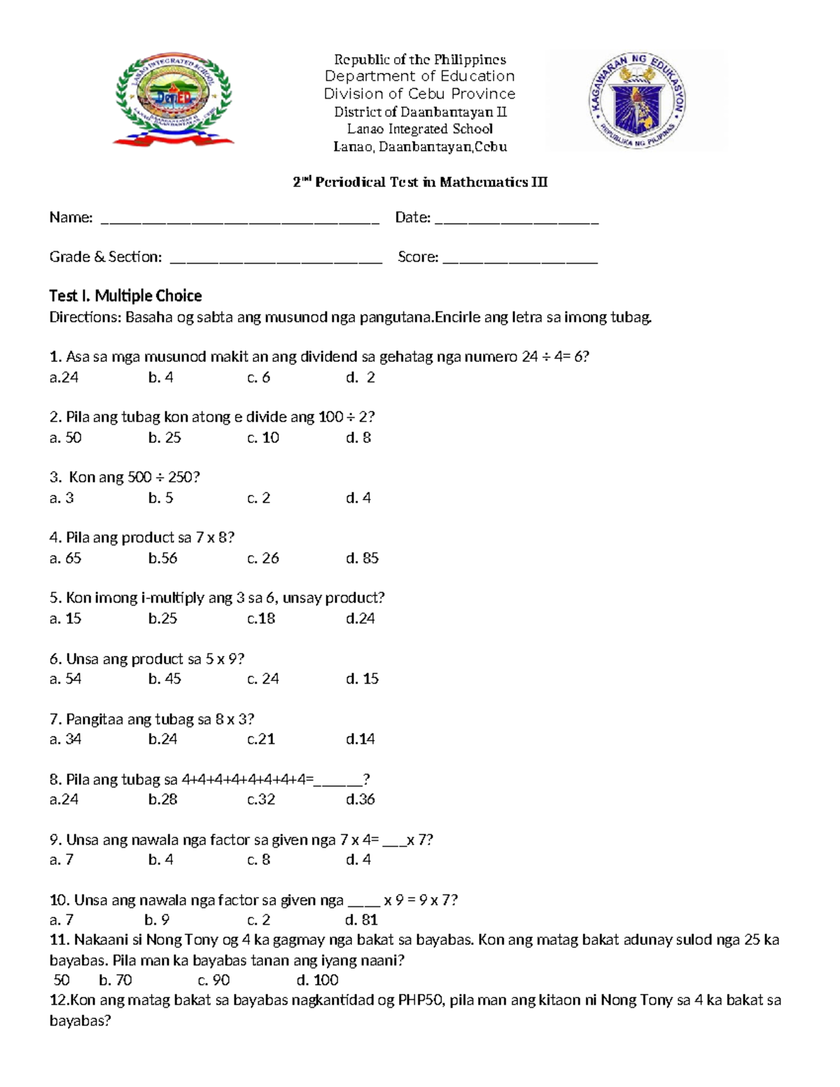 2nd Grading Math Exam - Lesson Plan - Republic of the Philippines ...