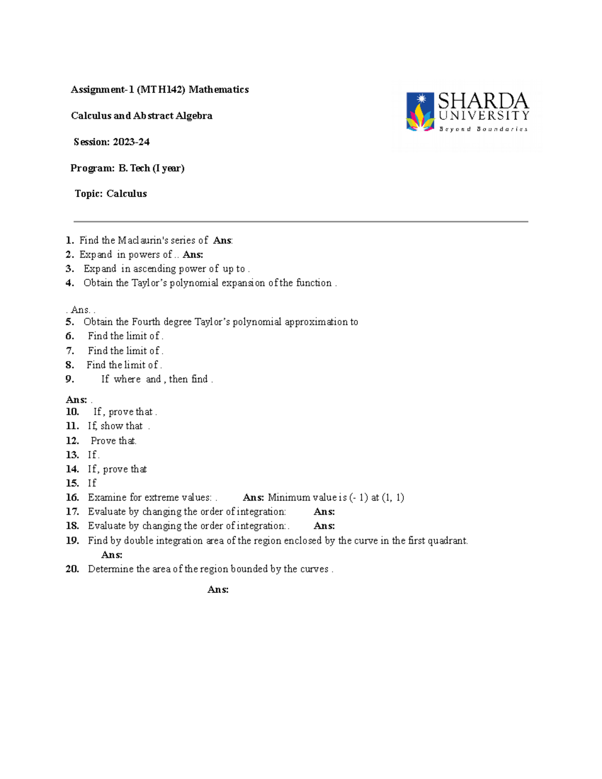 Assingment Unit 1 MTH142 - Assignment-1 (MTH142) Mathematics Calculus ...