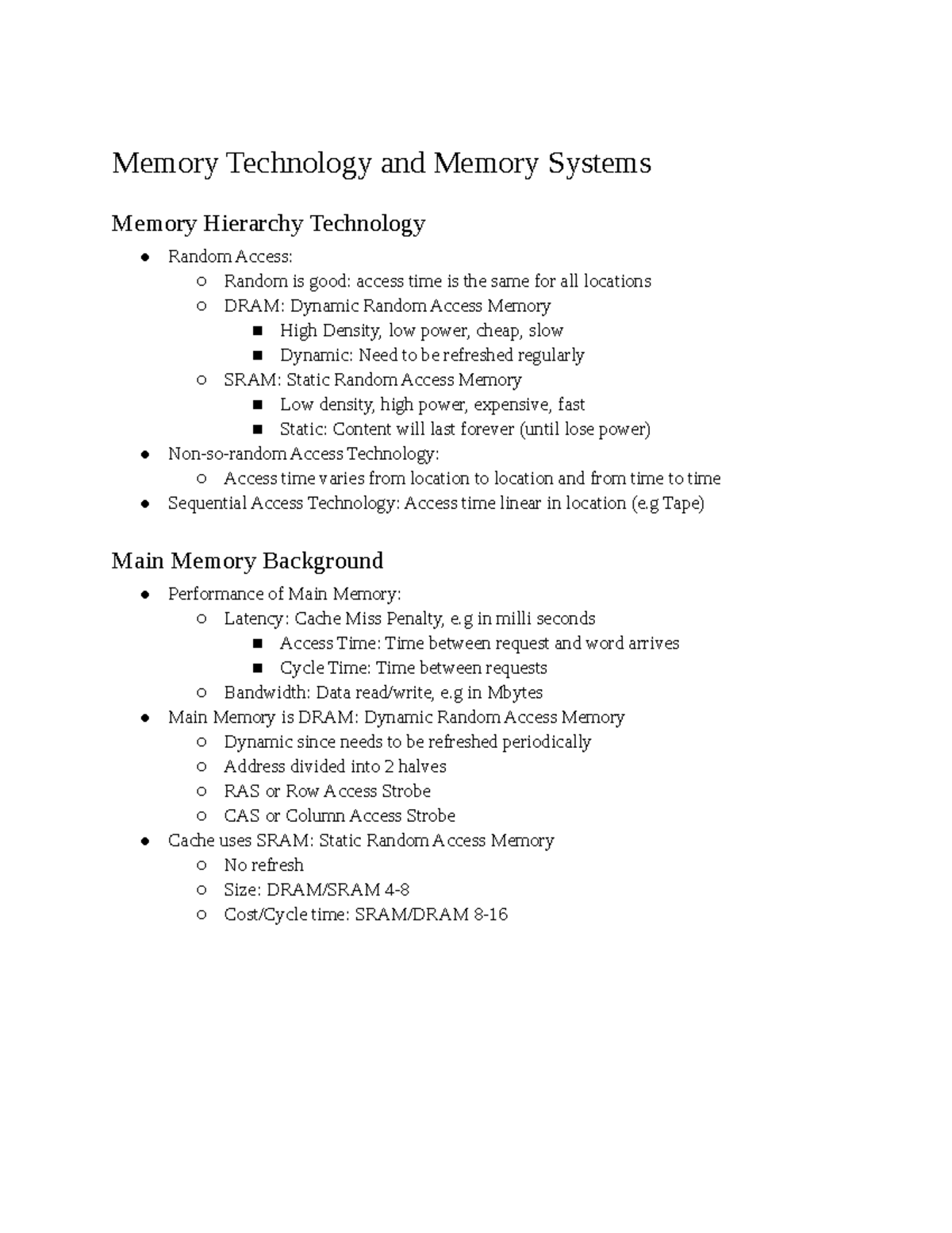 Lecture 18 - Memory Technology and Memory Systems Memory Hierarchy ...