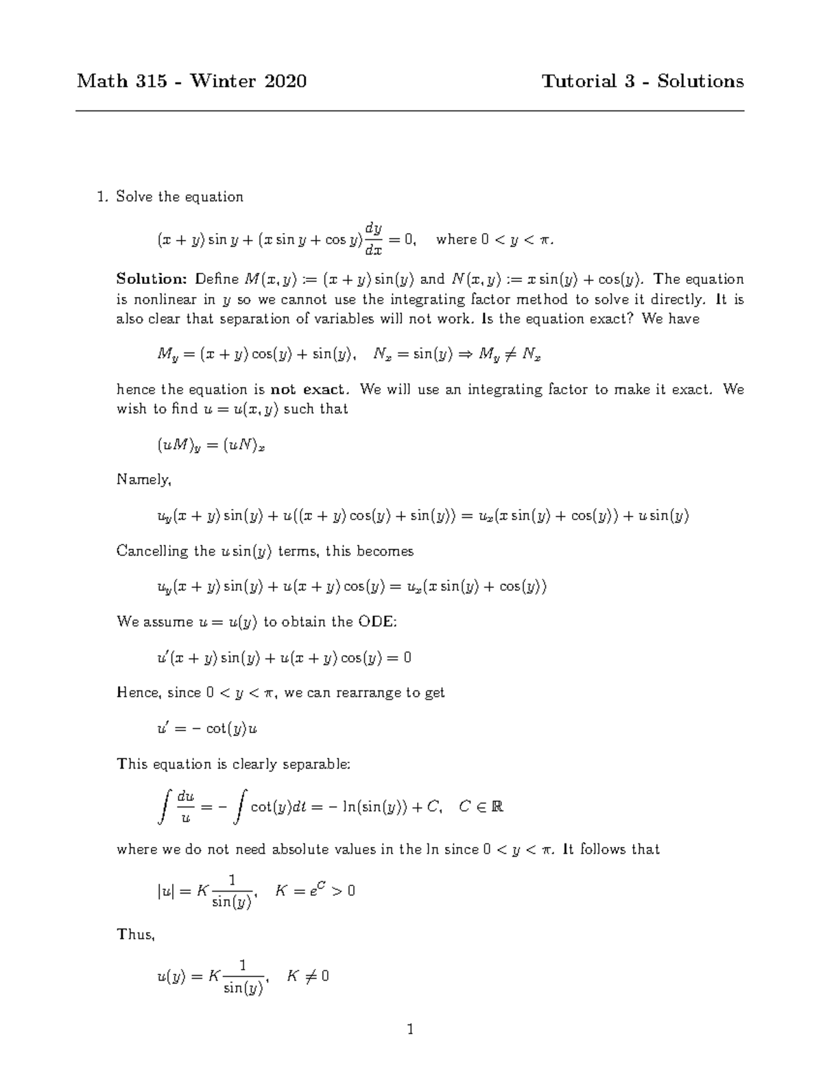 Tutorial 3 - Solutions - Math 315 - Math 315 - Winter 2020 Tutorial 3 ...