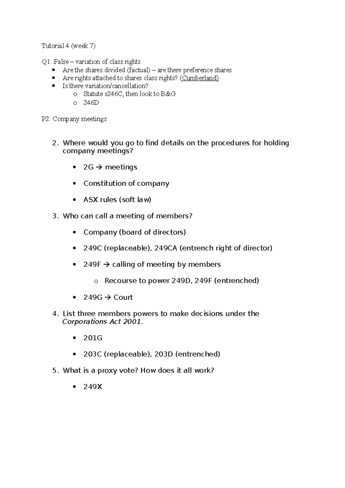 Tutorial 4 - brief outline - Tutorial 4 (week 7) Q1. False – variation ...
