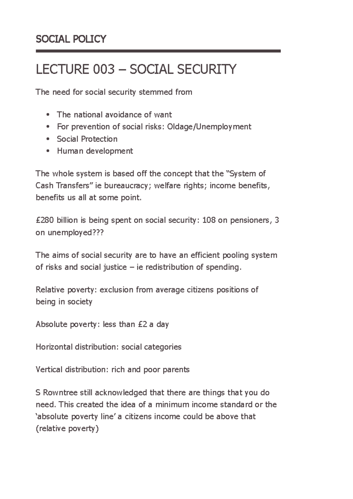 Social Security - SOCIAL POLICY LECTURE 003 – SOCIAL SECURITY The need ...