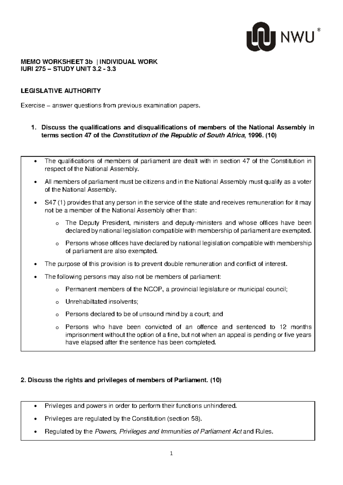 Worksheet 3b - SU3 - 2022 memo - 1 MEMO WORKSHEET 3b | INDIVIDUAL WORK ...
