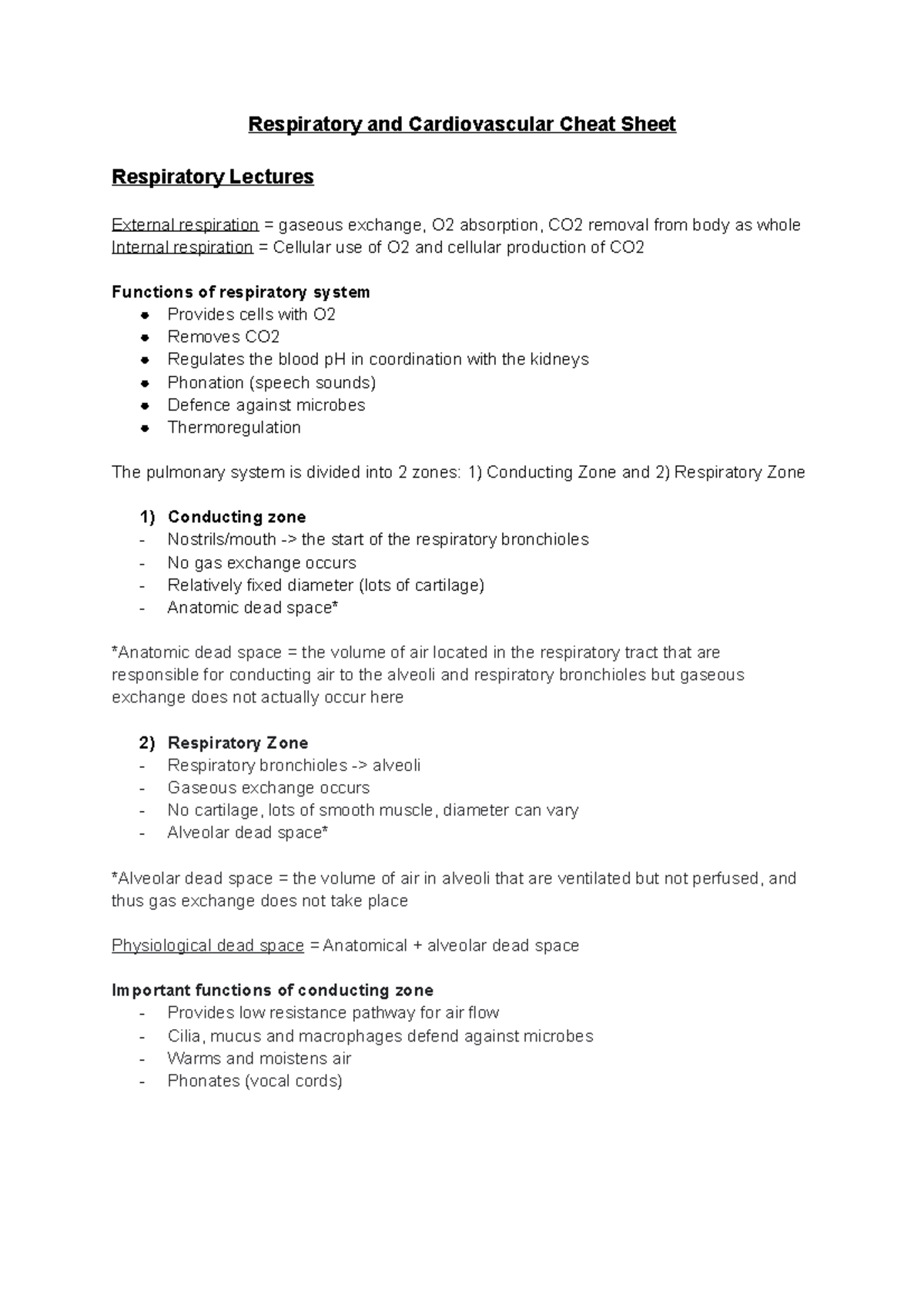 Respiratory and Cardiovascular Cheat Sheet - Respiratory and ...