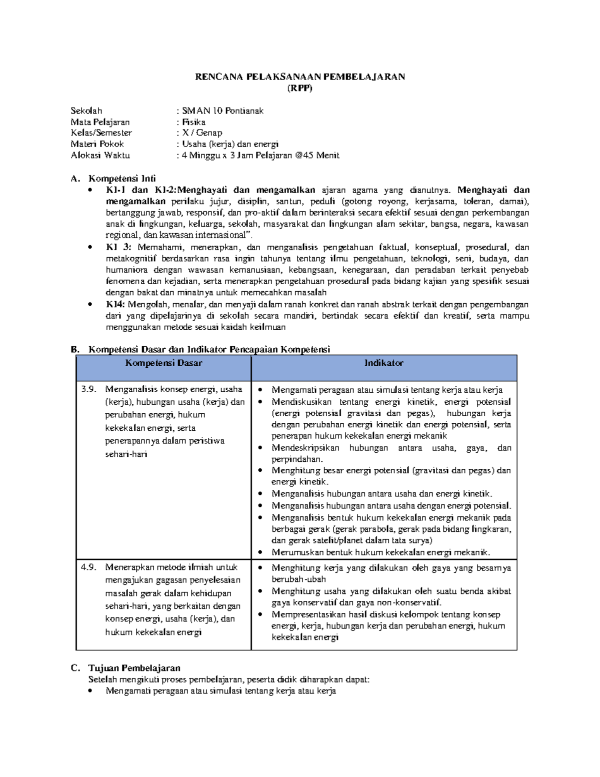 RPP Fisika Kelas 10 Usaha dan Energi Pertemuan 1 - RENCANA PELAKSANAAN ...